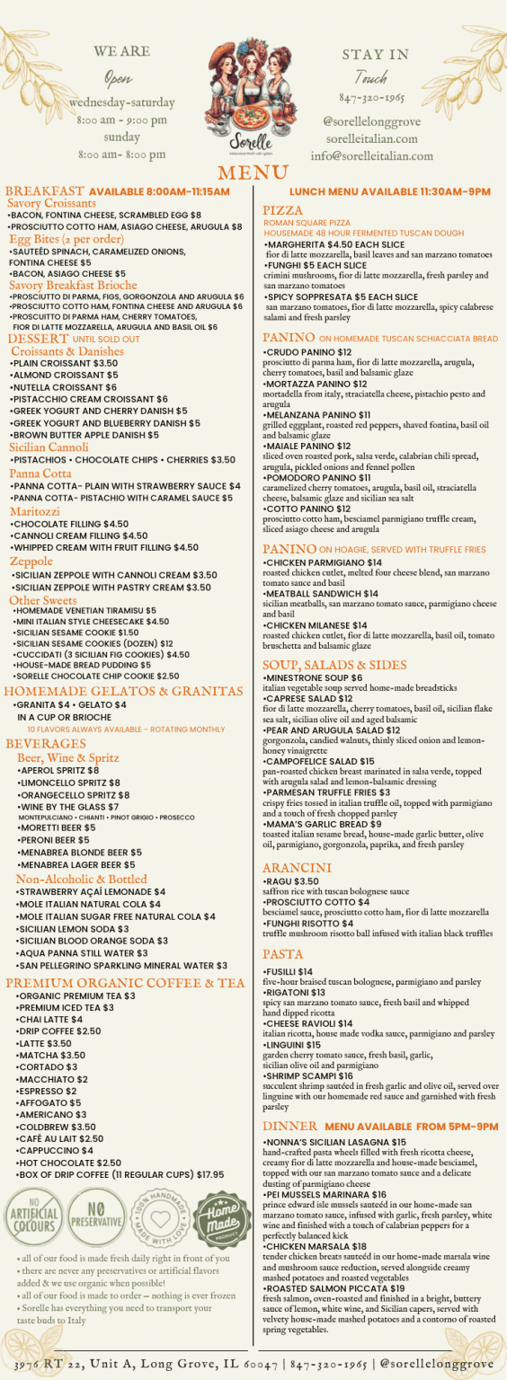 Full Menu - Long Grove - Sorelle Italian Kitchen and Market